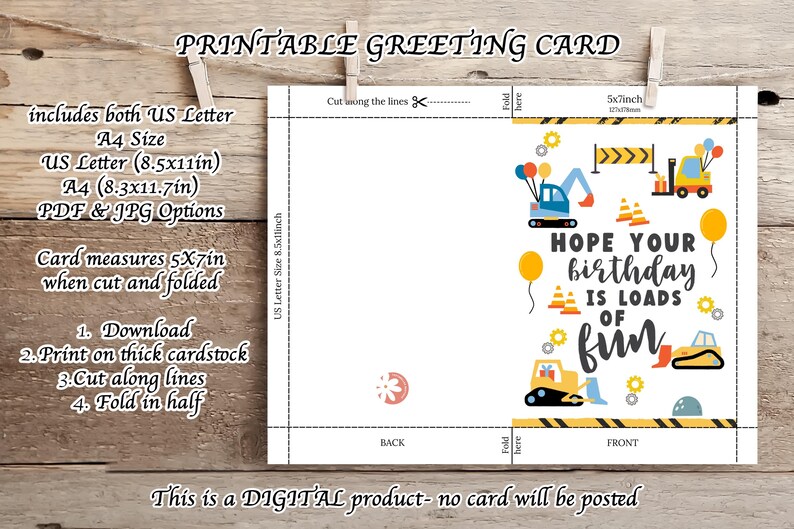 Excavator Birthday Card: Construction Theme, Fun Design (digital ...