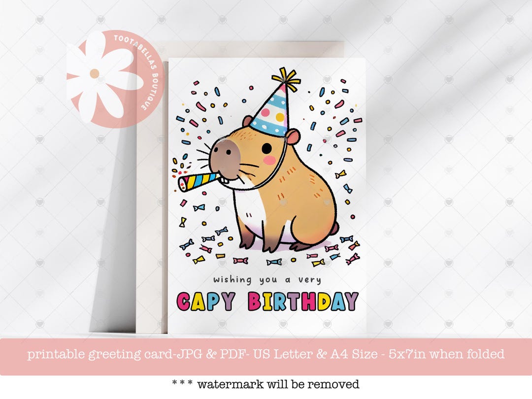 Printable Capybara Birthday Card - Cute 5x7 Instant Download, Wishing ...