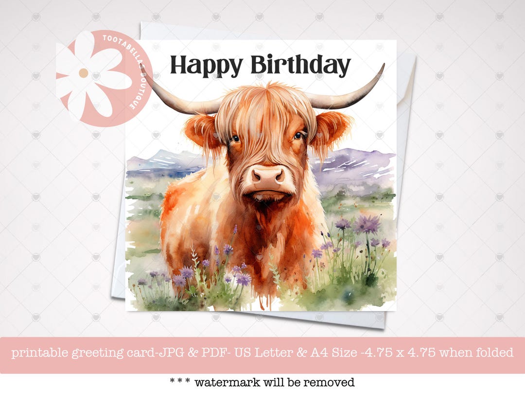 Printable Cow Birthday Card, Cute Highland Cow Card, Instant Download ...