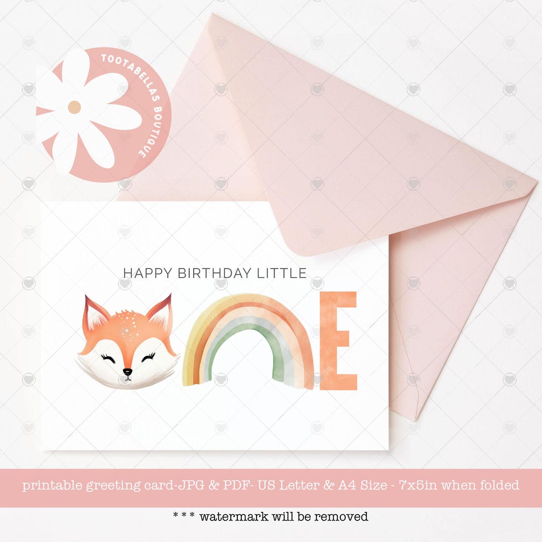 Printable Birthday Card - 1st Birthday Greeting Card, Cute Fox Design ...