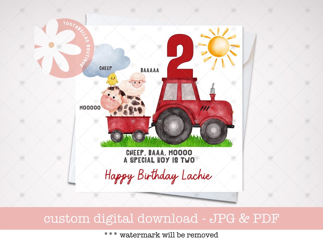 Printable Card, Personalised Farm Animals Birthday Card, Second ...