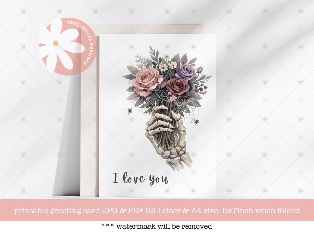 Gothic Floral Skull I Love You Card | Dark Romance Valentine (PDF & JPG ...