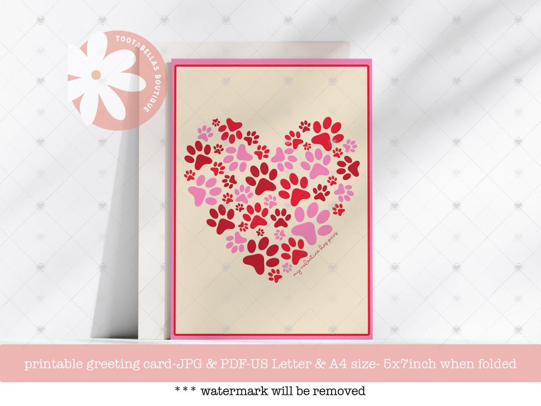 Dog Valentine Card Printable, Paw Print Heart Card 5x7, Pet Lover ...