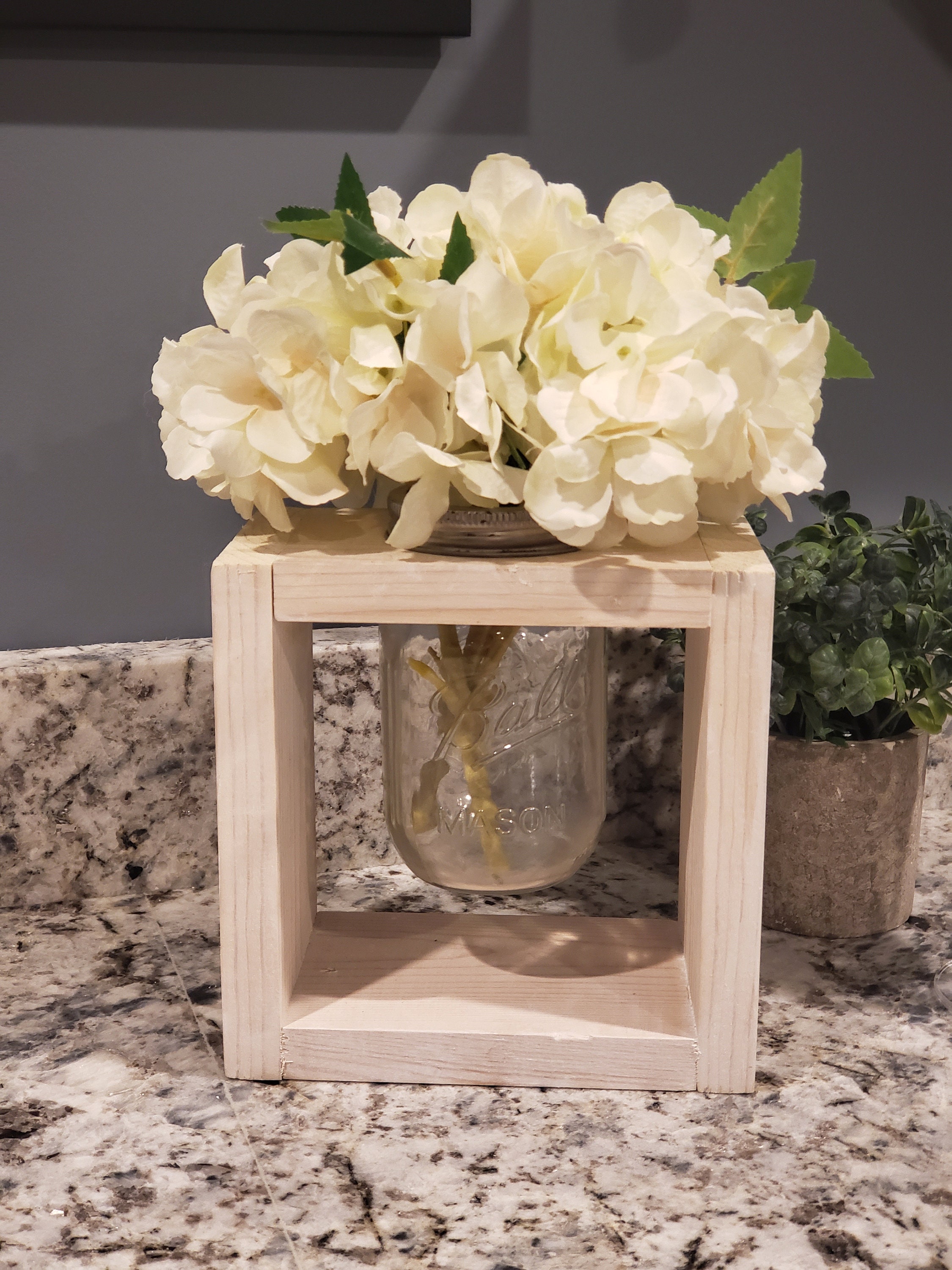 Wooden Square Centerpiece with Hanging Mason Jar and Faux | Etsy