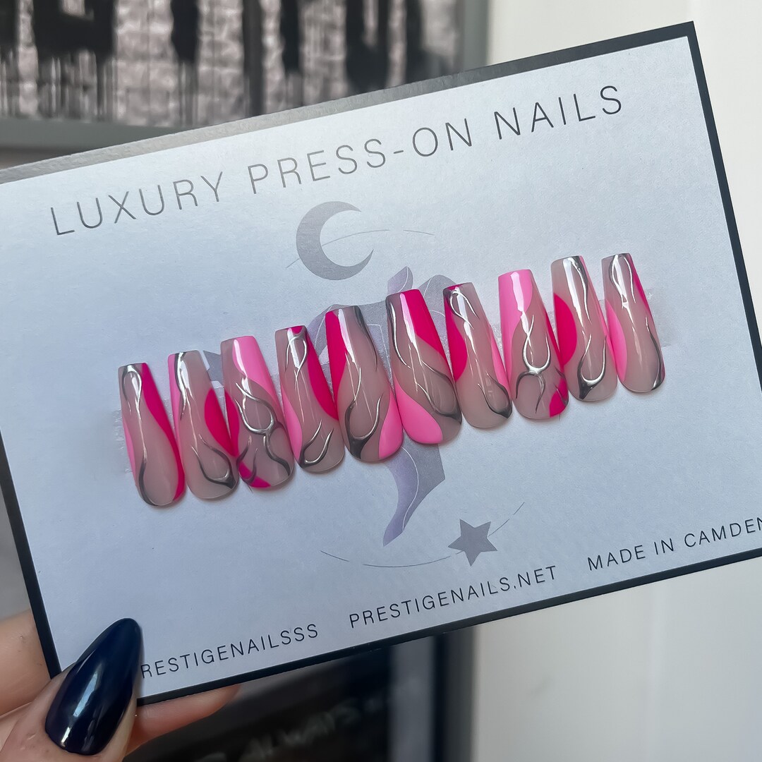 Pink and Hot Pink Metallic Silver Spiky Design Press on Nails || Funky ...