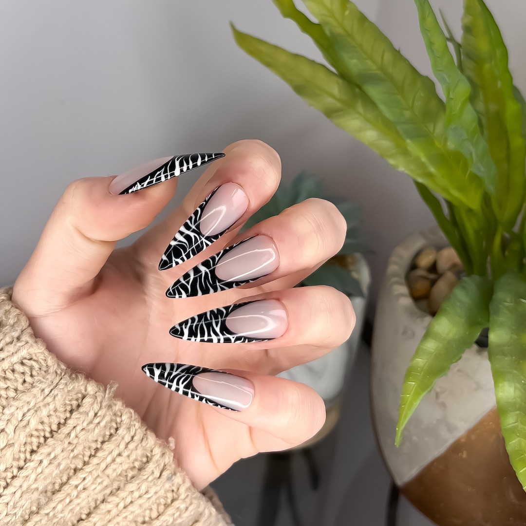 Classic Black Zebra Print French Tip Press on Nails || Festival French ...