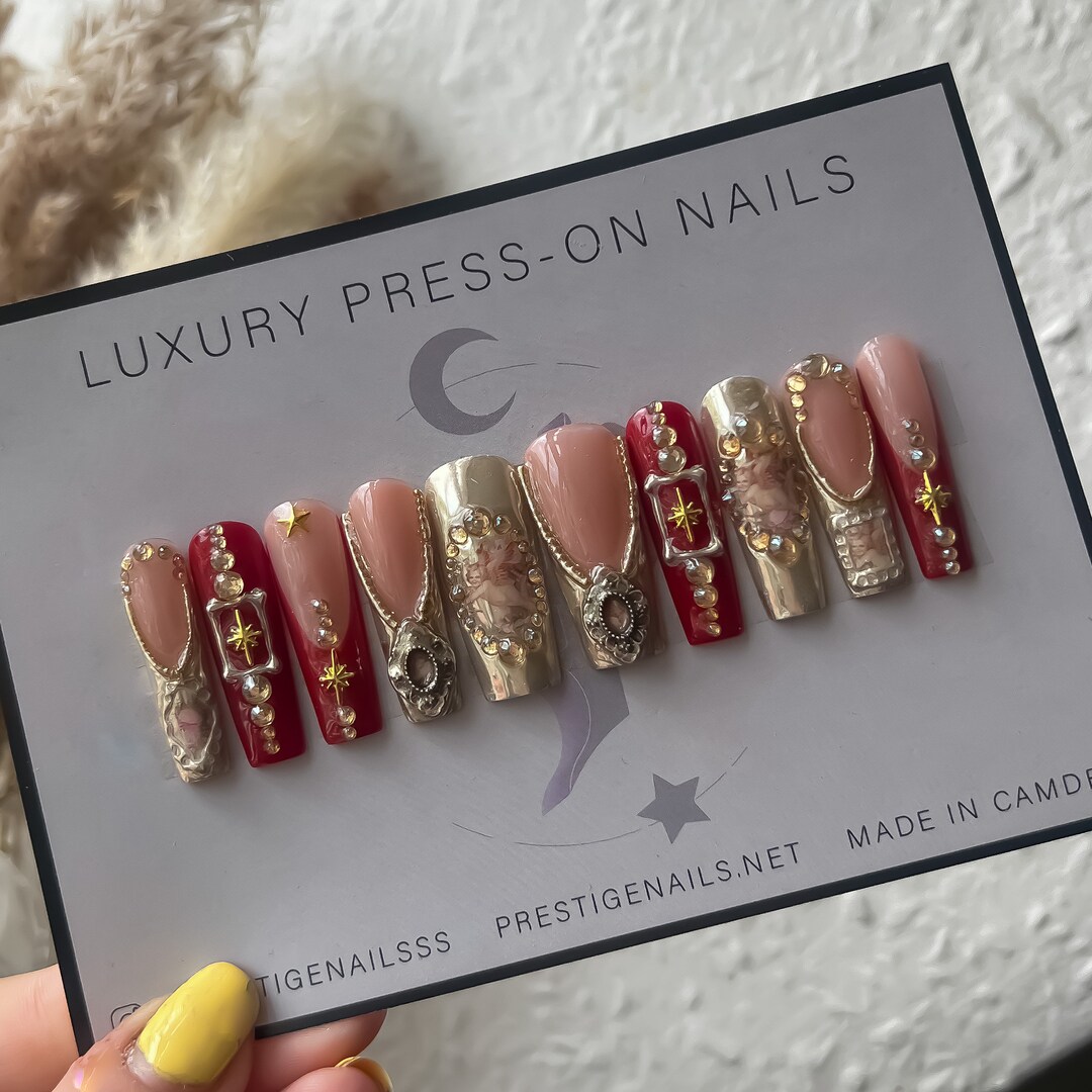 Red & Gold Baroque Catholic Cherub Press on Nails || Luxury Charm Nails ...