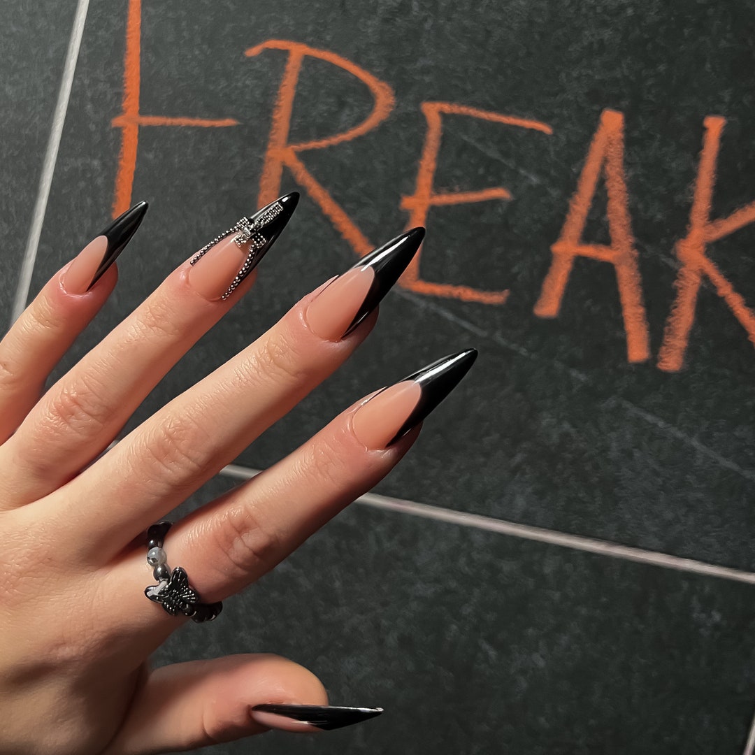 Black French Tips With Gothic Cross Press on Nails French Tip Nails ...