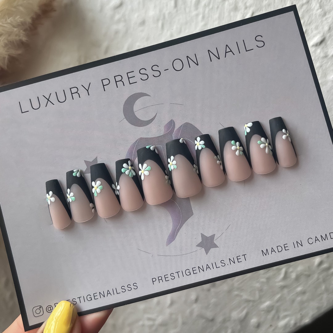 Matte Black French Tips With Glossy White Flowers Press on Nails ...