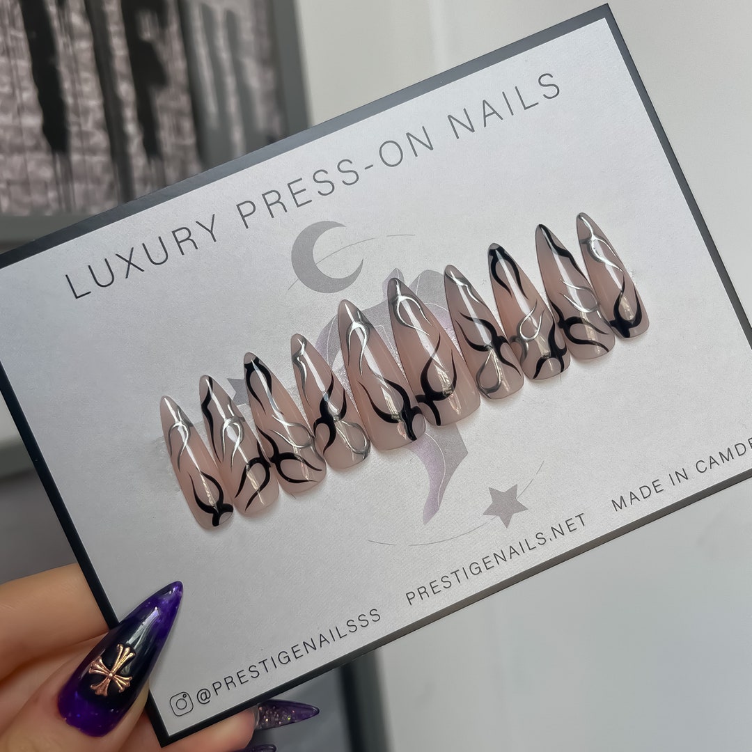Black and Metallic Silver Metal Spiky Design Press on Nails || Gothic ...