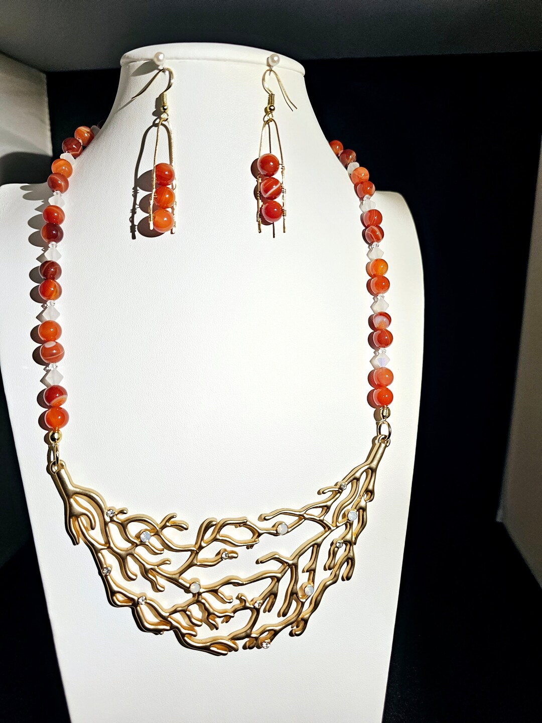Gold Coral Reef Pendant With Rhinestone Accents Necklace Set - Etsy