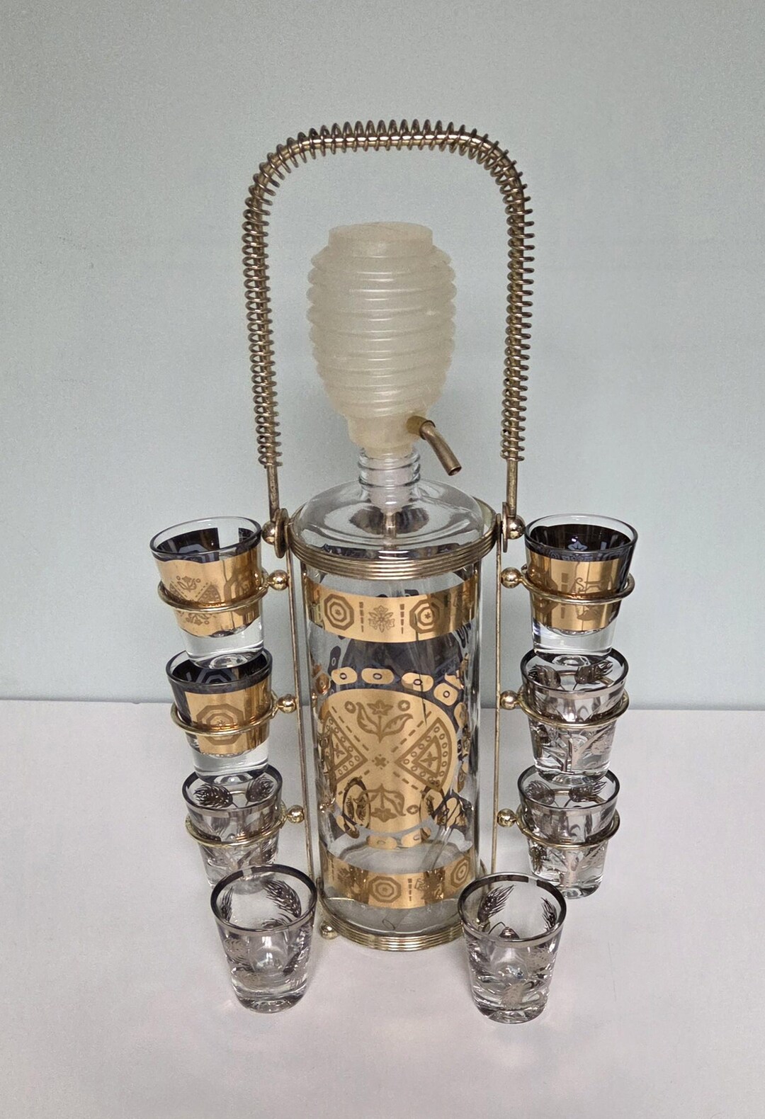Mid Century Pump Liquor Decanter Set With Eight Shot Glasses, Hollywood ...