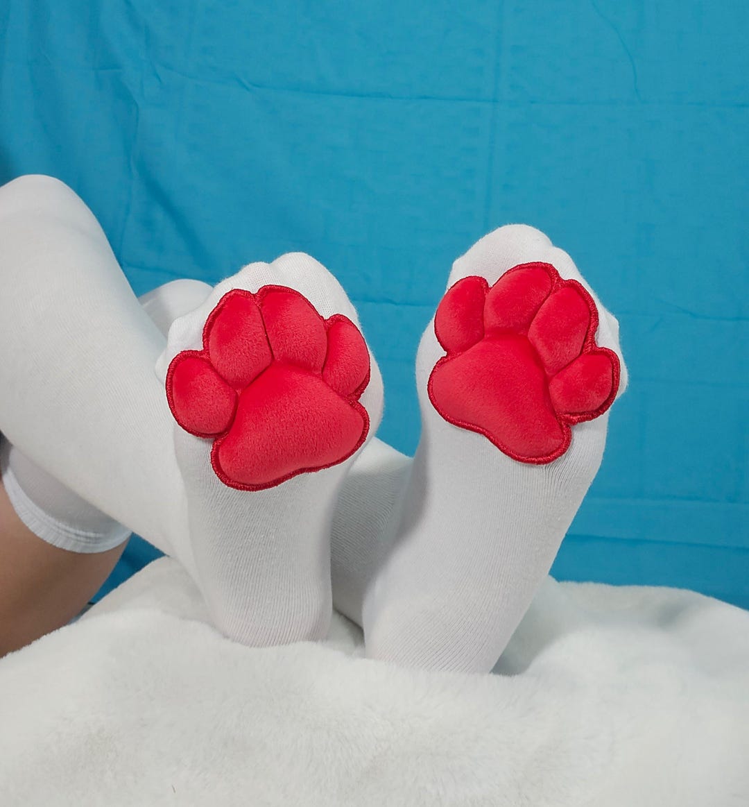 Red Mochi Stuffed Cat Paw Pad on White Thigh High Socks for Cosplay - Etsy