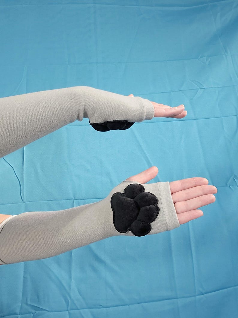 Plush Mochi Black Paw Pad on Fingerless Gray Gloves - Etsy