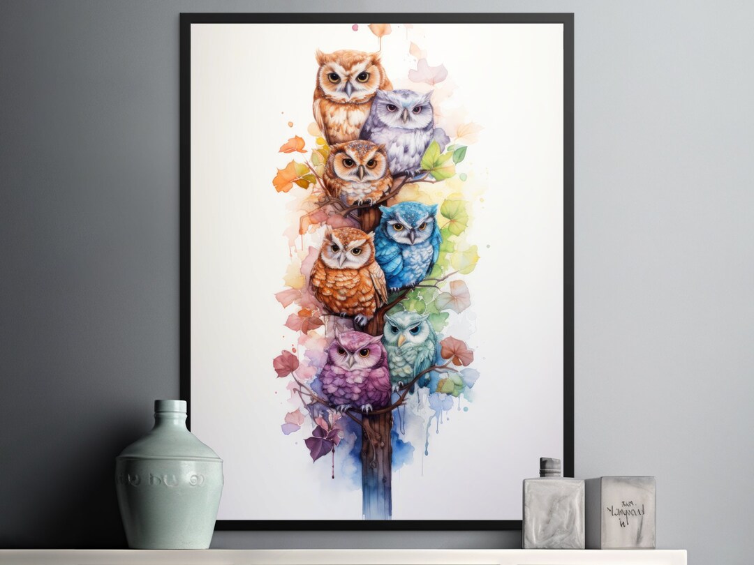 Owl Tower, Six Vertical Owls Watercolor Digital Art Download, Love for ...