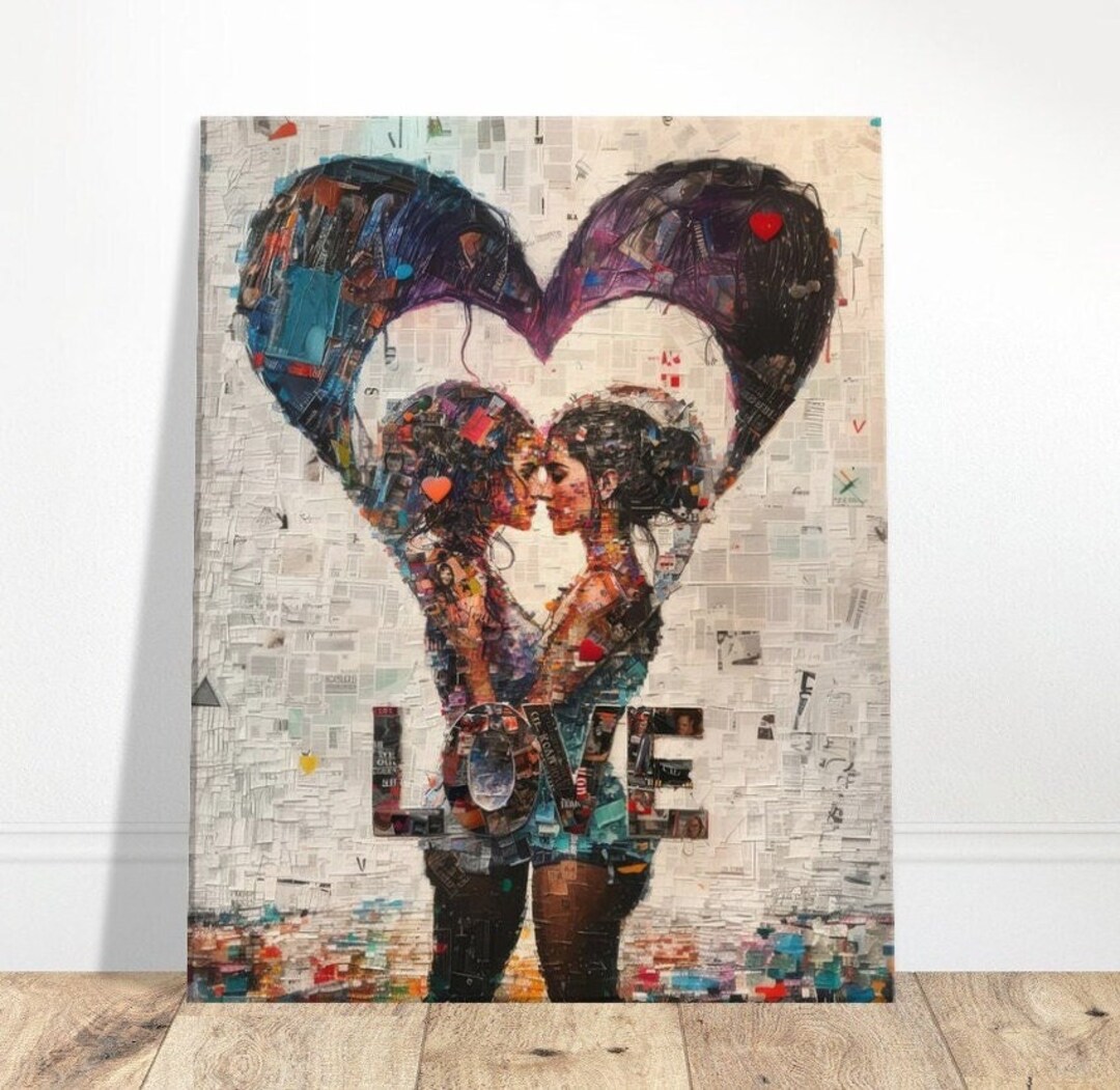 Lesbian Love Collage Canvas Art: Embracing Women Couple, Heart-shaped ...
