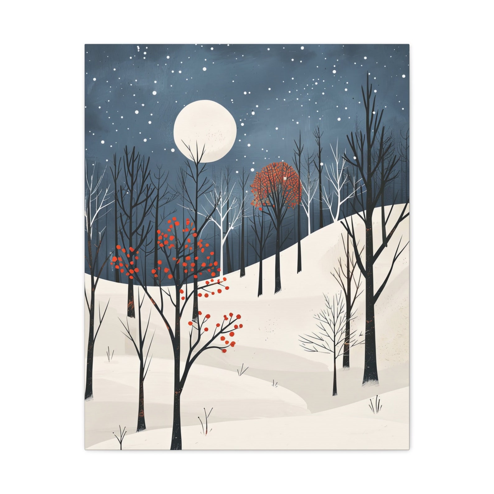 Winter Moonlit Berries Canvas Gallery Wrap, Stylized Full Moon Night ...