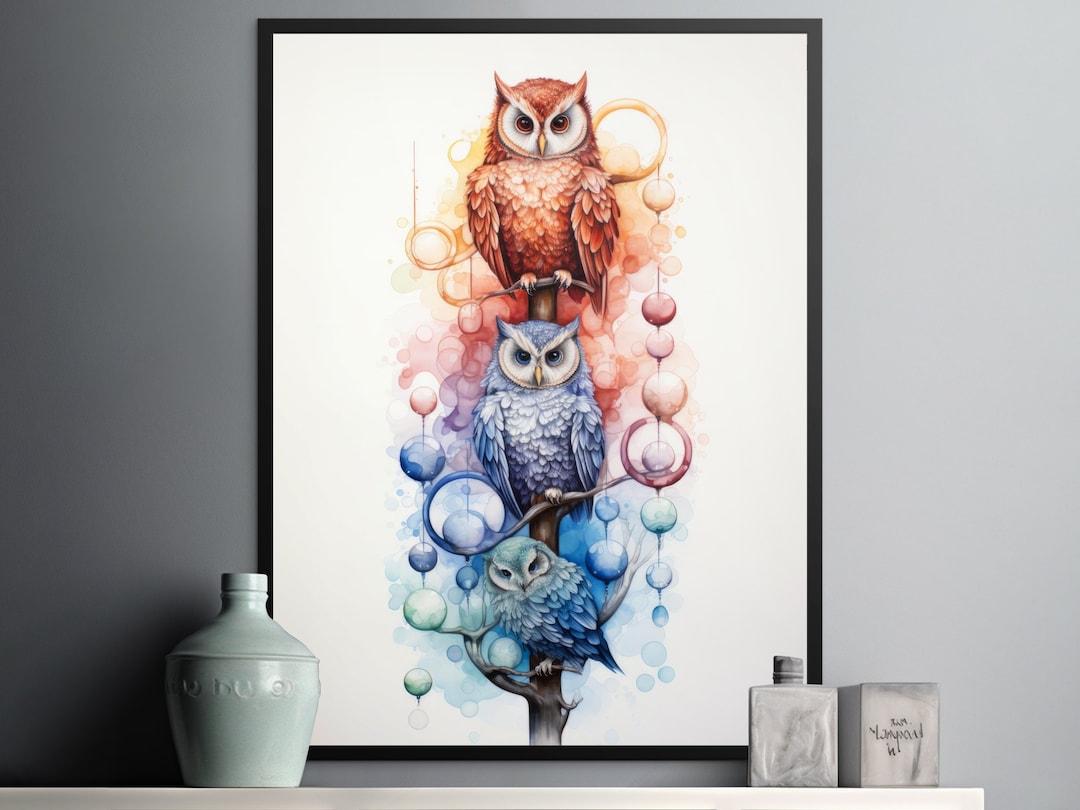 Owl Column - Three Vertical Owls Watercolor Instant Digital Download ...