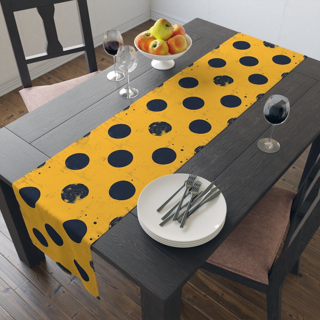 Retro Yellow and Navy Grunge Dots Table Runner Unique Housewarming Gift ...