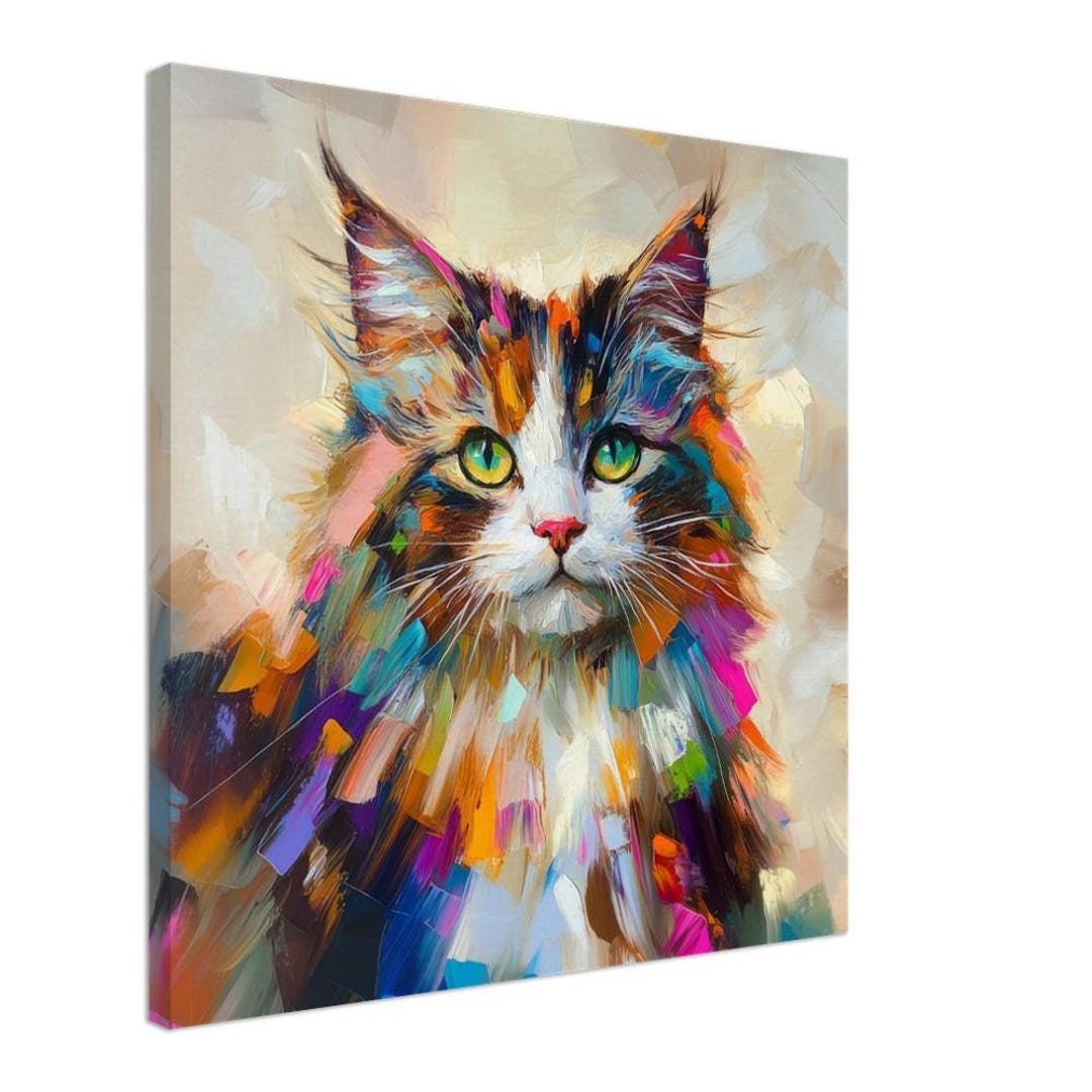 Colorful Maine Coon Cat Oil Painting on Wrapped Canvas Feline Wall Art Vibrant Pet Portrait ...