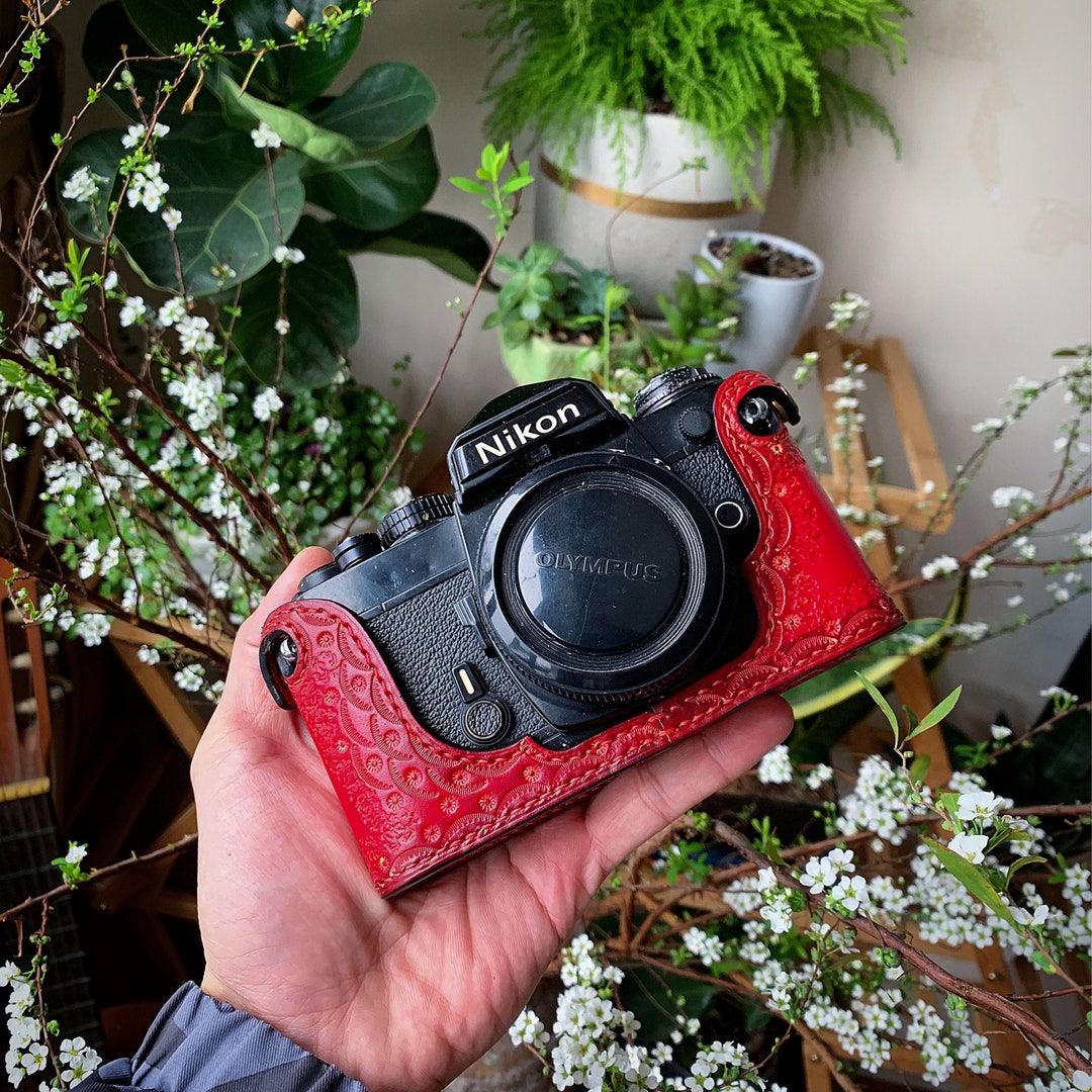 Camera Case | Nikon FE 1-2, Nikon FM 1-2-2n Red Leather Handcrafted Half Case Handmade Camera ...
