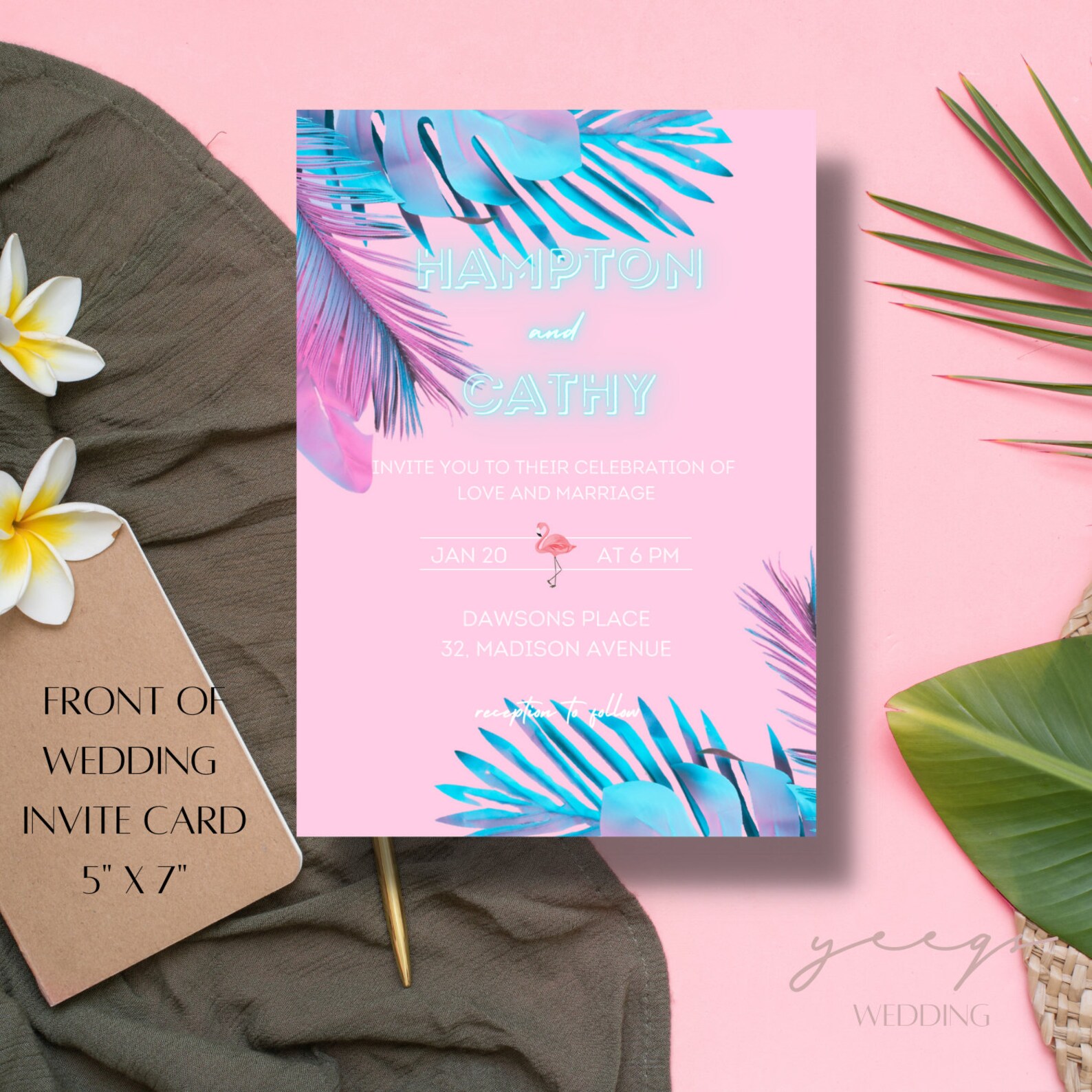 Tropical Neon Beach Wedding Invitation Card Template - Etsy