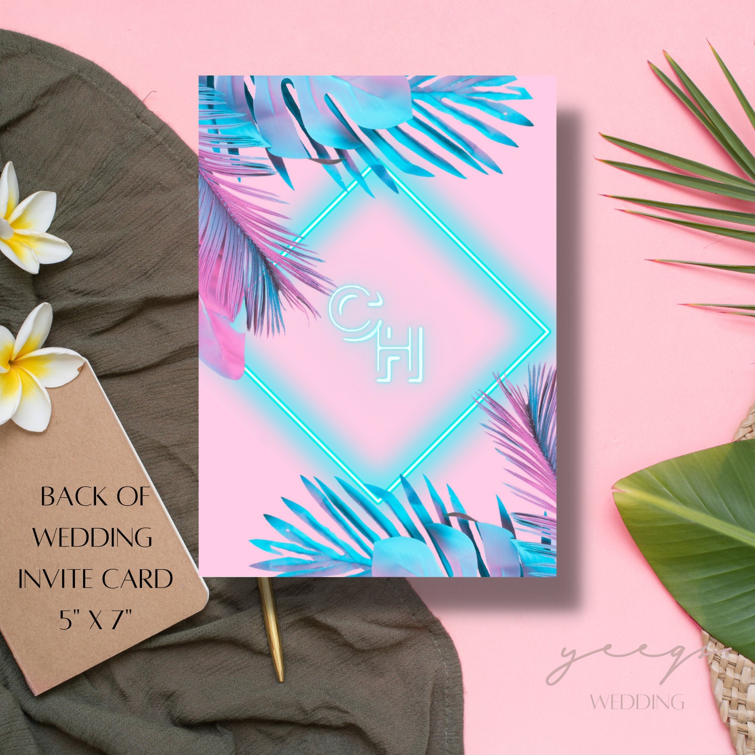 Tropical Neon Beach Wedding Invitation Card Template | Etsy