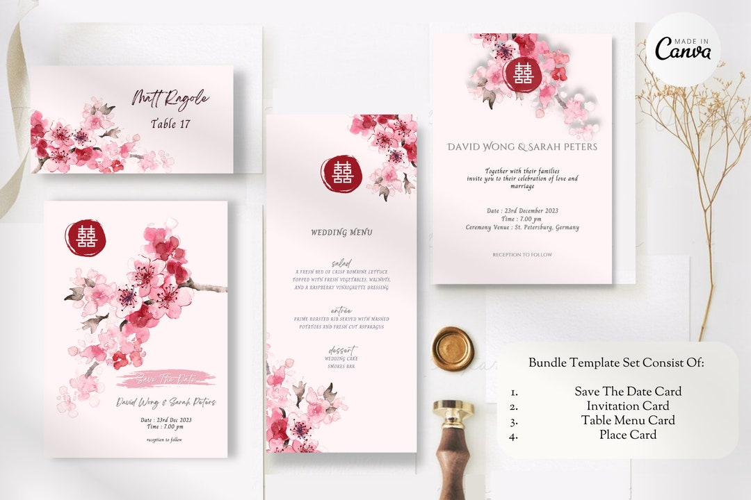 4 PIECE Asian Theme Chinese Wedding Invitation Template, Editable ...