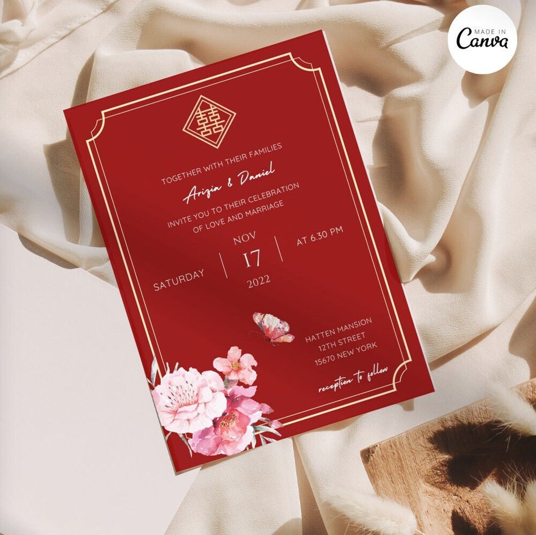 Asian Chinese Wedding Invitation Template, Editable, Printable, Instant Download | Red | Peony ...