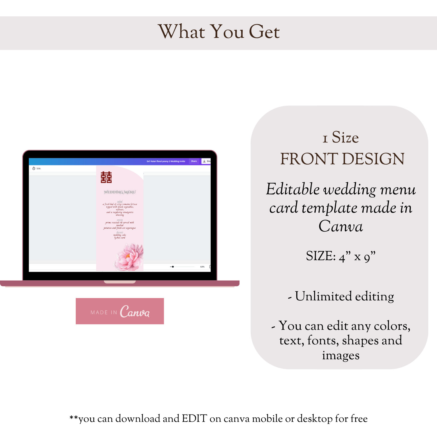 Asian Chinese Wedding Table Menu Card Template, Editable ,printable, Instant Download | Peony ...