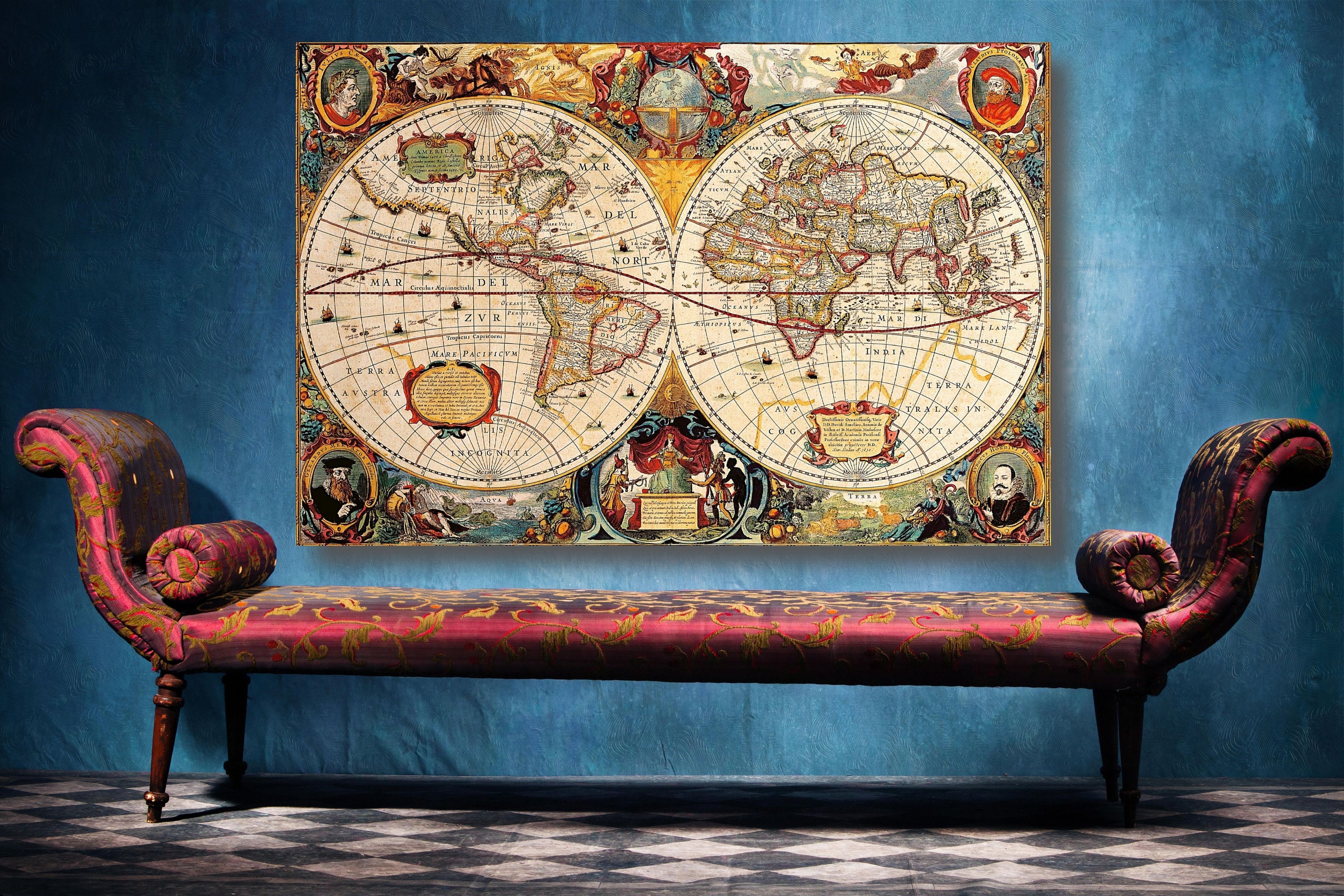 Vintage World Map Canvas Wall Art Large Framed Ancient Atlas | Etsy