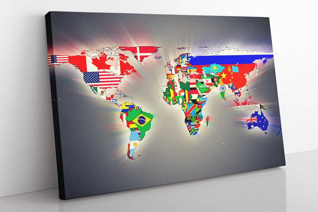 Cool World Map Canvas Wall Art, Large Framed Map of the World Flags ...