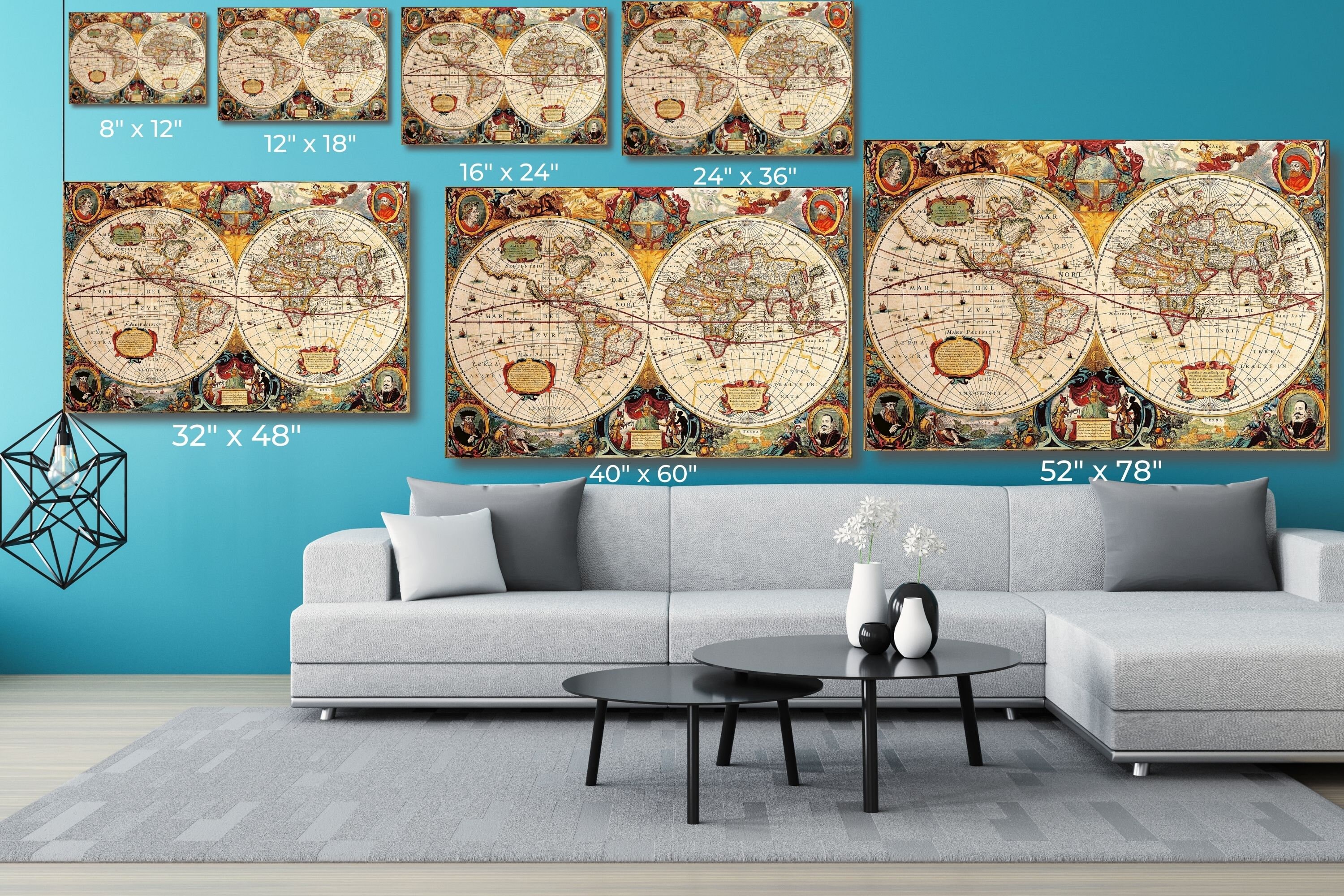 Vintage World Map Canvas Wall Art Large Framed Ancient Atlas | Etsy