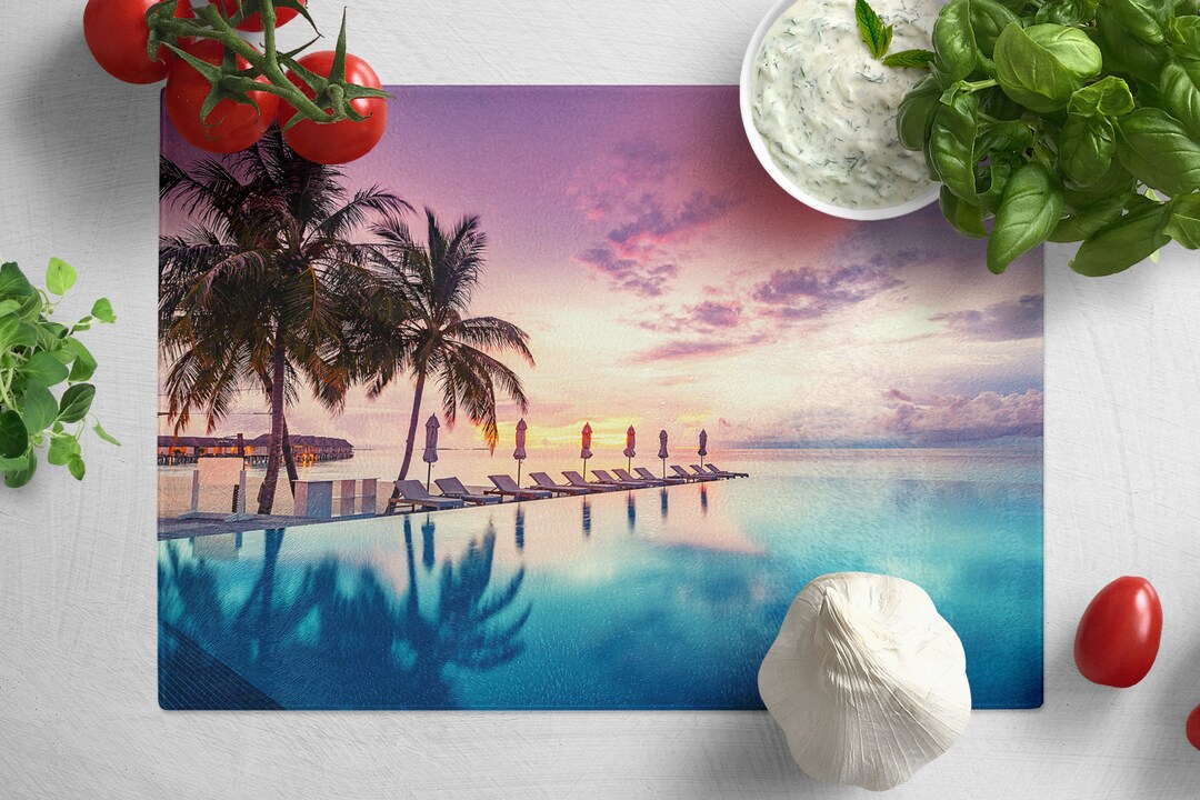 Maldives Beach Tempered Glass Cutting Board: Sunset Kitchen Decor - Etsy
