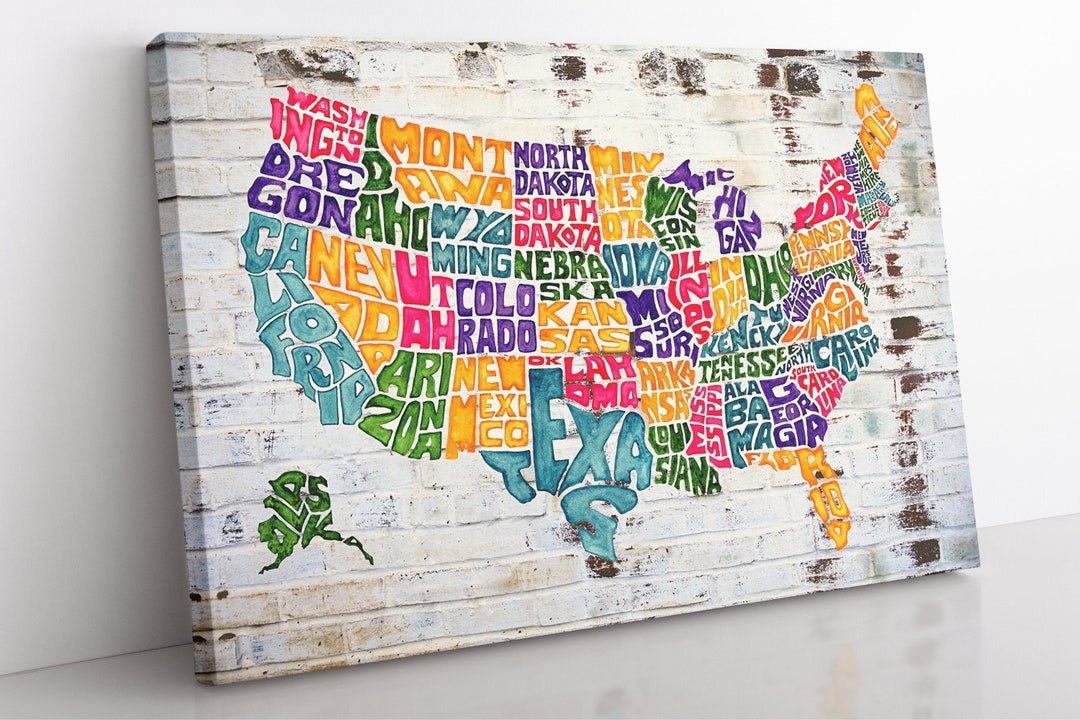 America Graffiti Map Canvas Wall Art, Framed USA Map Canvas Print Home ...