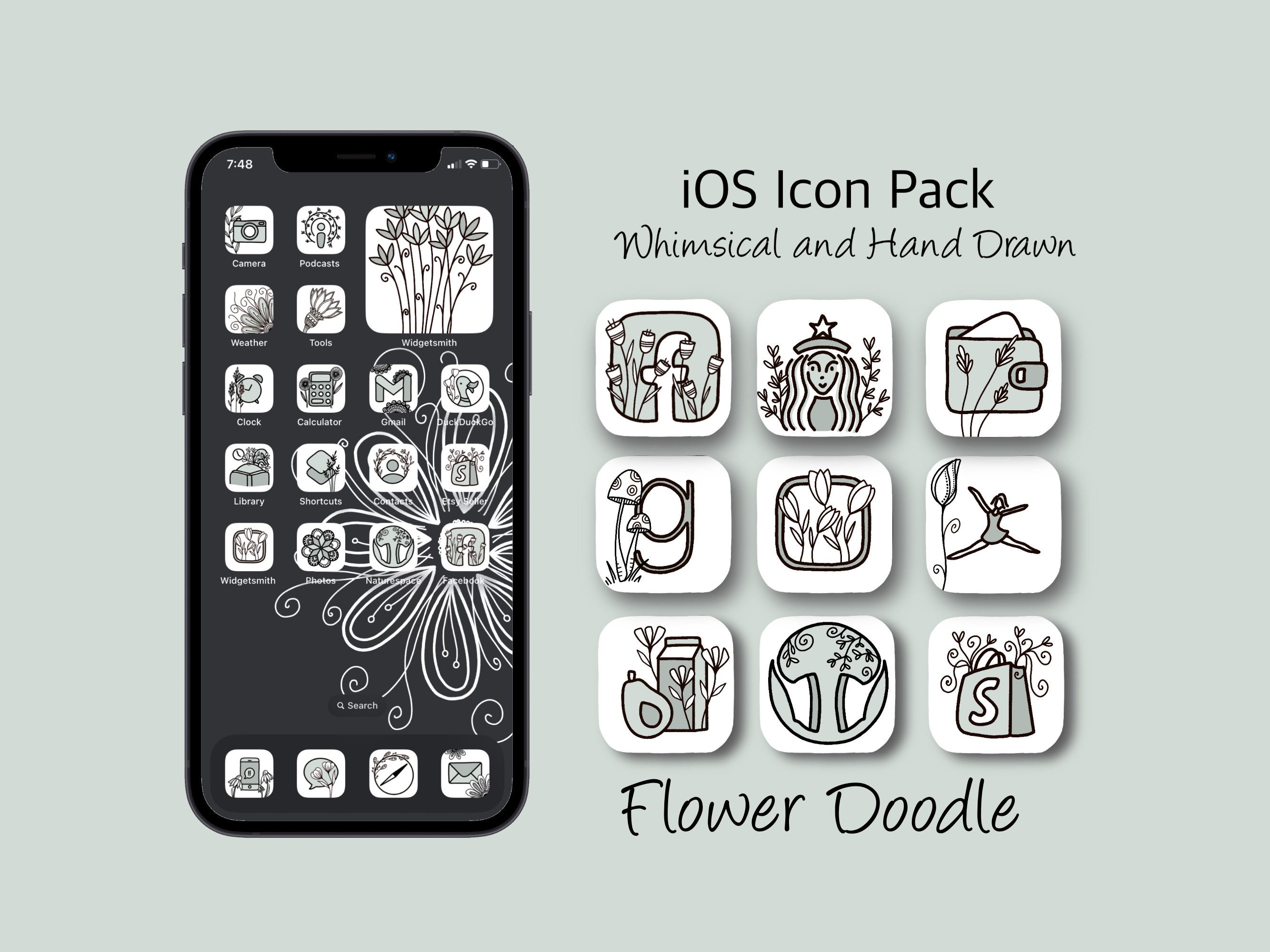Hand Drawn Ios App Icons Tangled Flower Doodles iPad App - Etsy