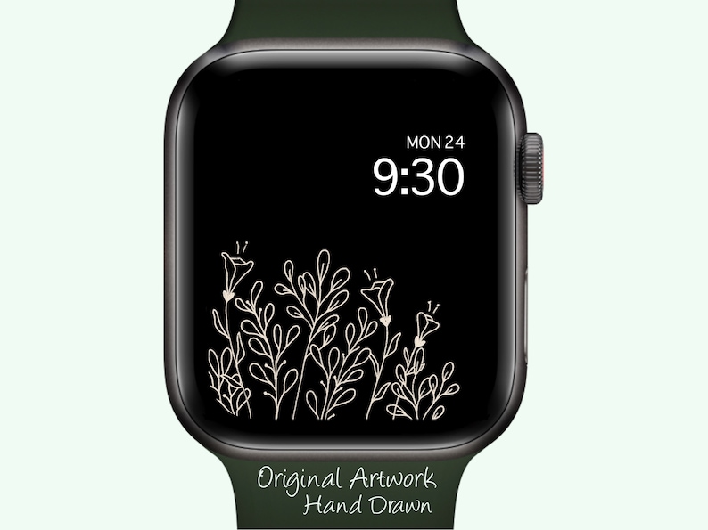 Apple Watch Wallpaper Black Flower Doodle, White Floral Watch Face ...