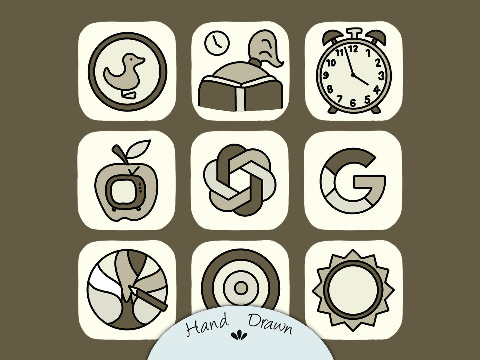 Olive Green App Icon Pack, Hand Drawn Device Home Screen Theme (digital ...