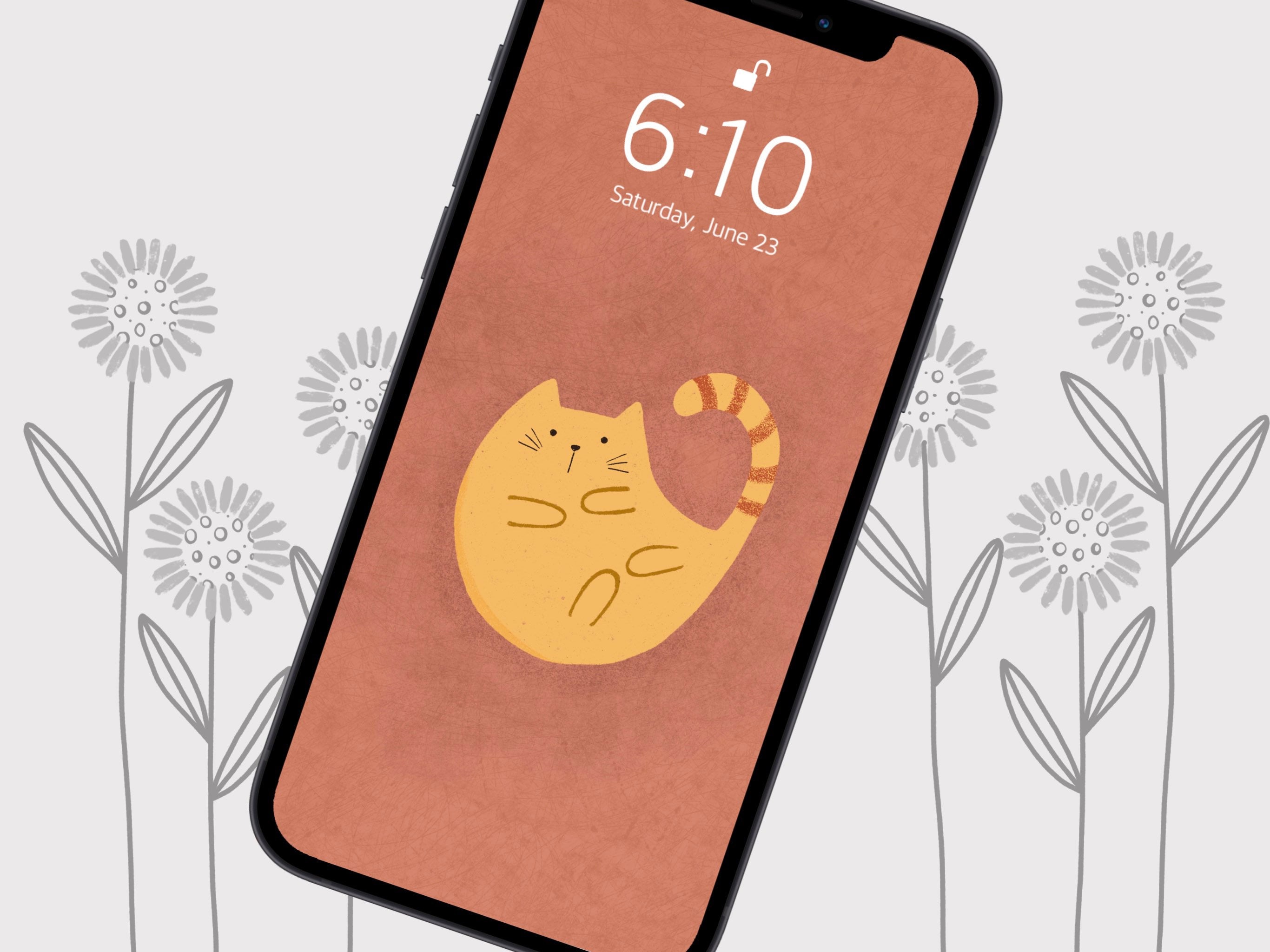 Cats iPhone Wallpaper Bundle, Hand Drawn Mobile Wallpapers, Orange Cat ...