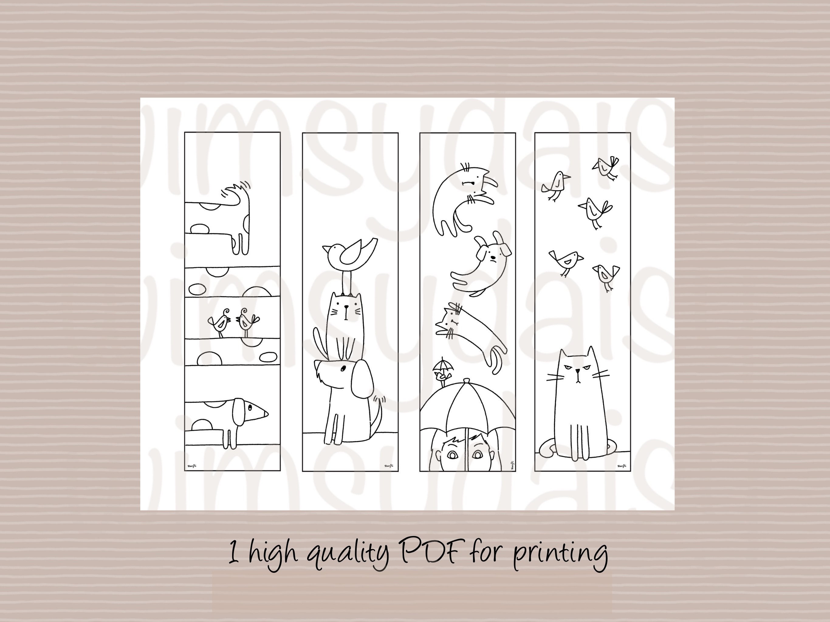 Bookmarks to Color Raining Cats & Dogs, Adult Coloring Bookmarks, Pets ...