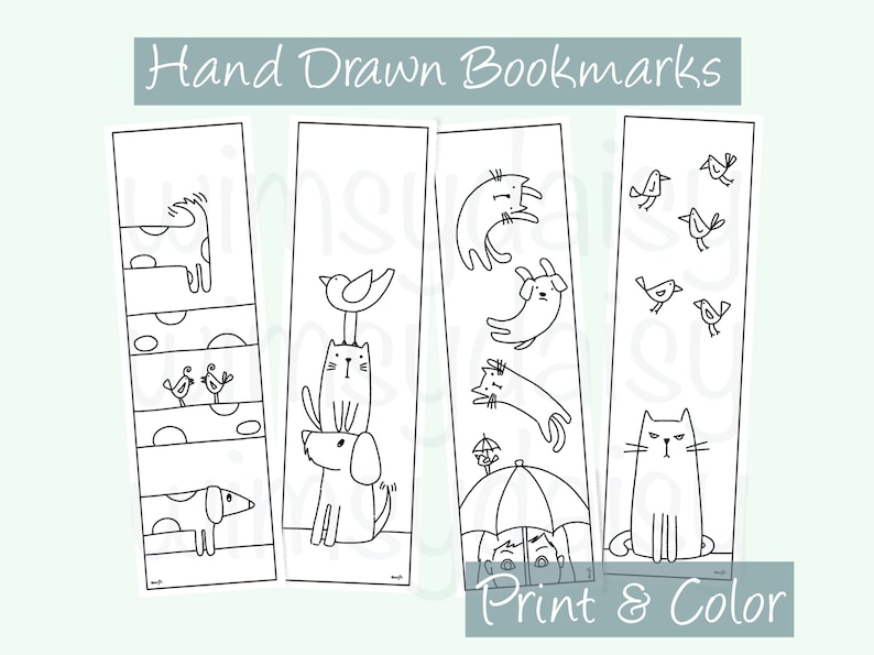 Bookmarks to Color Raining Cats & Dogs, Adult Coloring Bookmarks, Pets ...