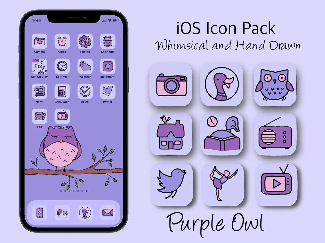 Hand Drawn Ios App Icons Purple Owl Lilac & Pink Ipad Icons - Etsy