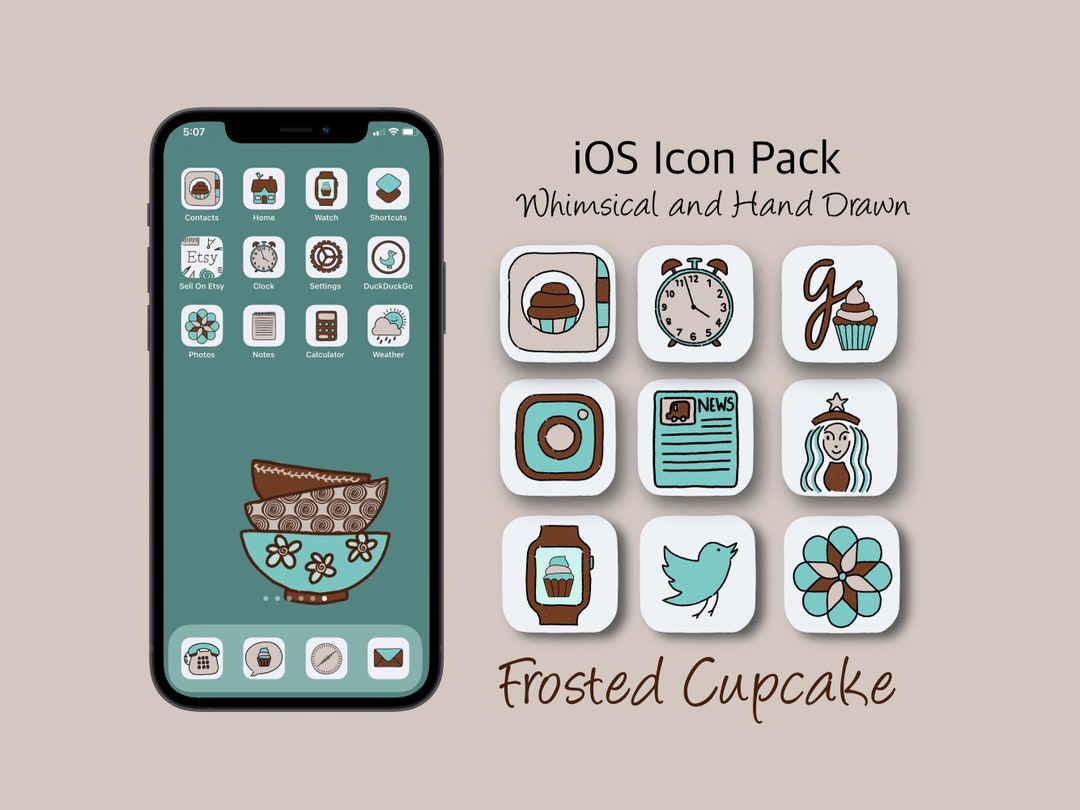 Hand Drawn Ios App Icons Frosted Cupcakes, Brown and Blue Aesthetic ...
