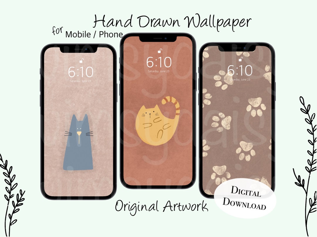 Cats iPhone Wallpaper Bundle, Hand Drawn Mobile Wallpapers, Orange Cat ...