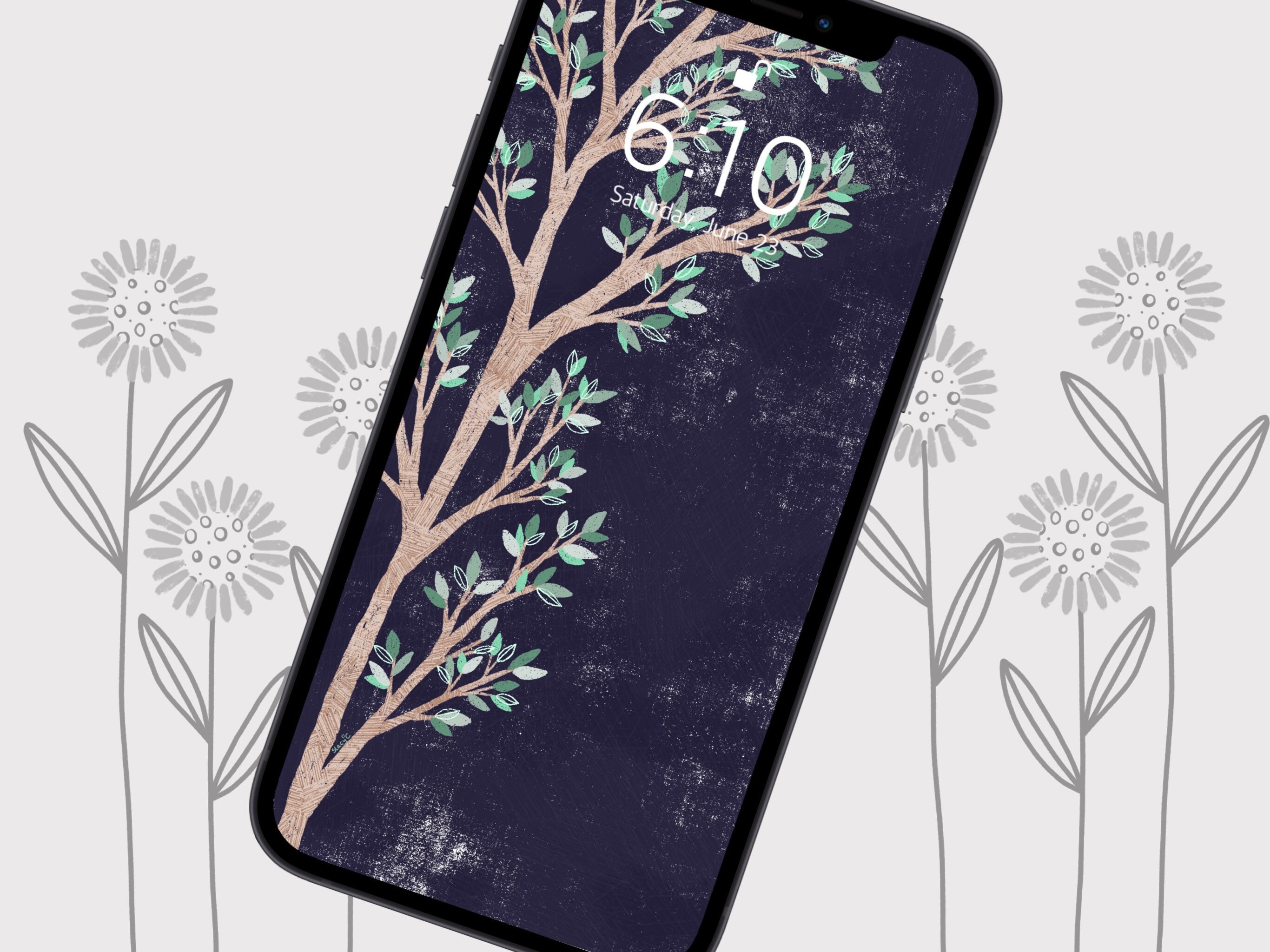 Hand Drawn Tree Phone Wallpaper: Blue Grunge Mobile Background (digital ...