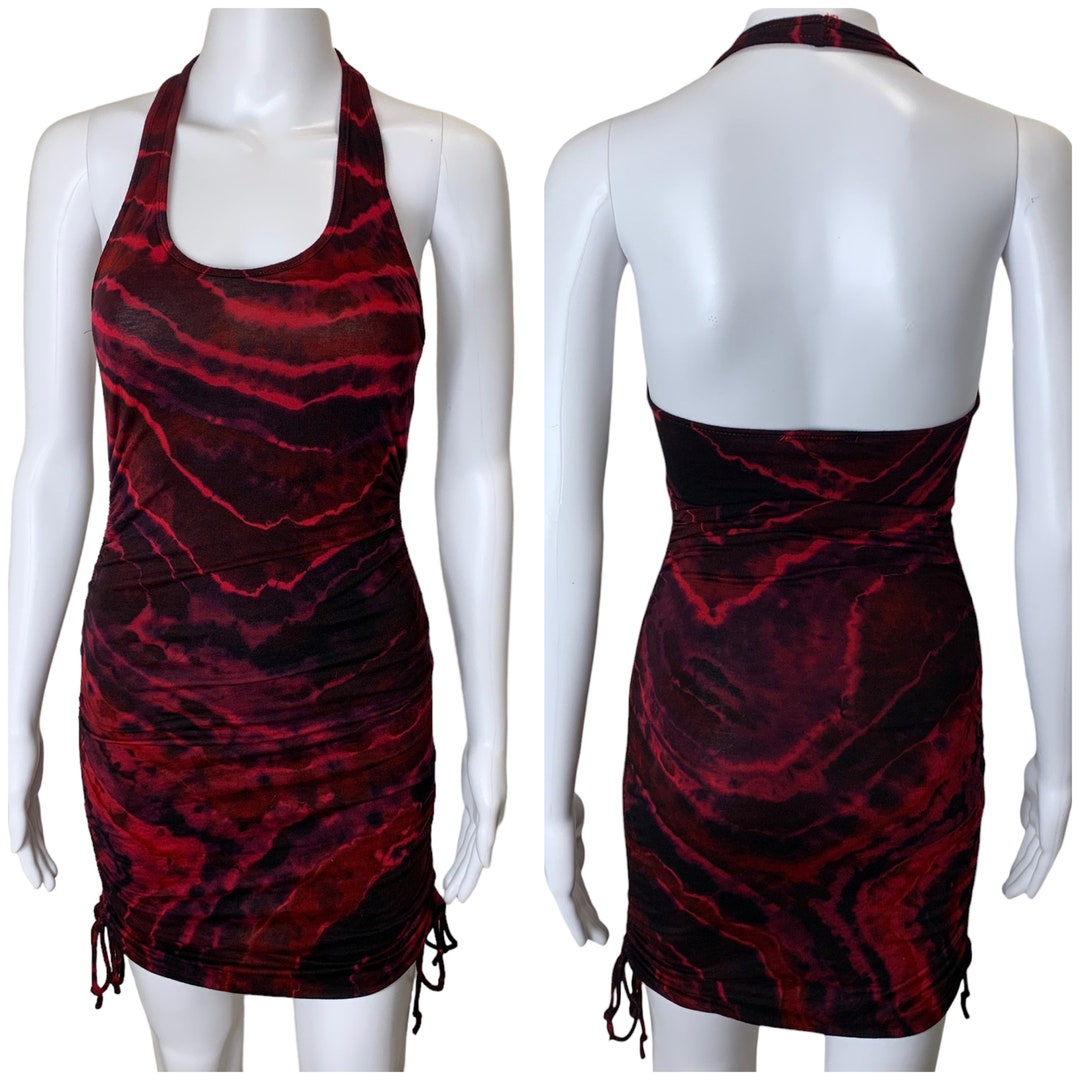 Tie Dye Geode Halter Bodycon Dress Red Black Size Small Hippie, Boho ...