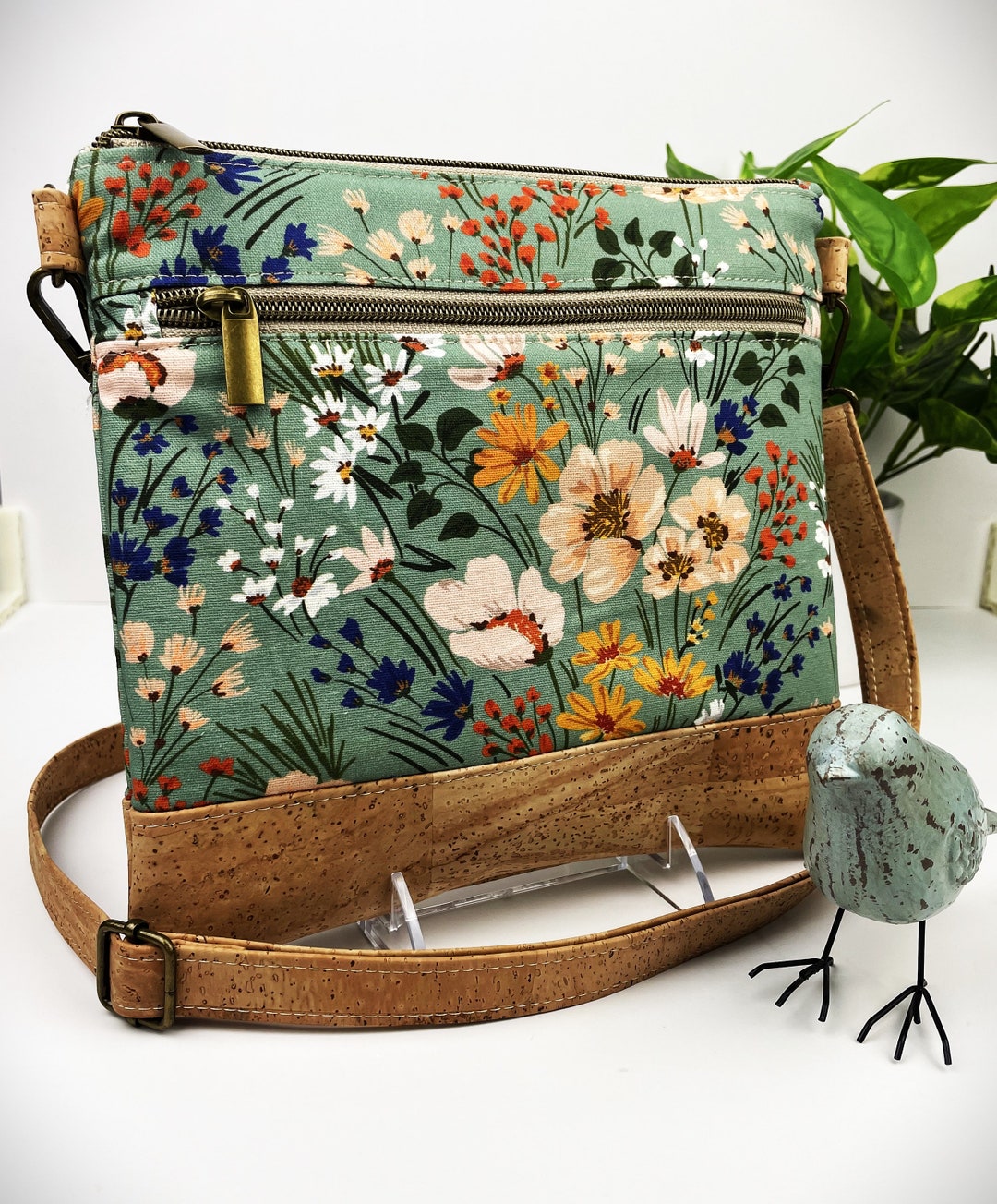 Slim Crossbody Bag, Sage Wildflower, Wildflower and Cork Purse - Etsy