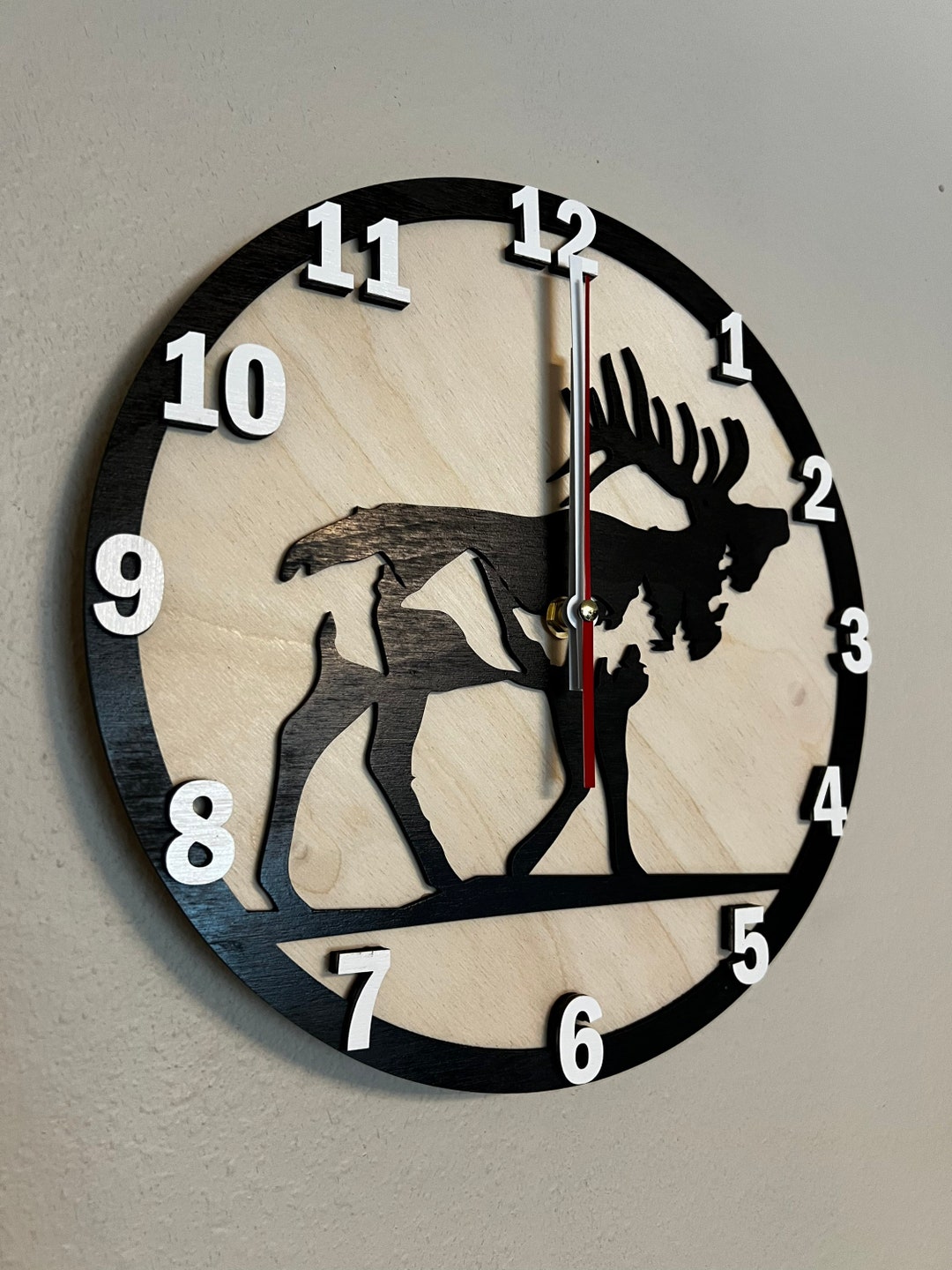 Elk and Mountains Silhouette Clock, Laser Cut Wood Clock, Hanging Clock ...