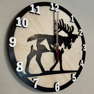 Elk and Mountains Silhouette Clock, Laser Cut Wood Clock, Hanging Clock ...