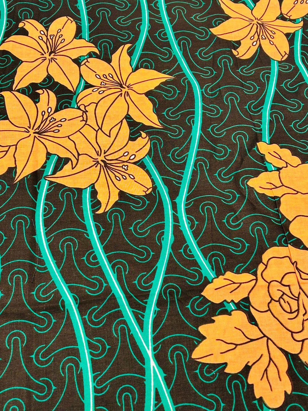 Fabric- Wax Block Print Hitarget Green Geometry Blend W/ Flowers Floral ...